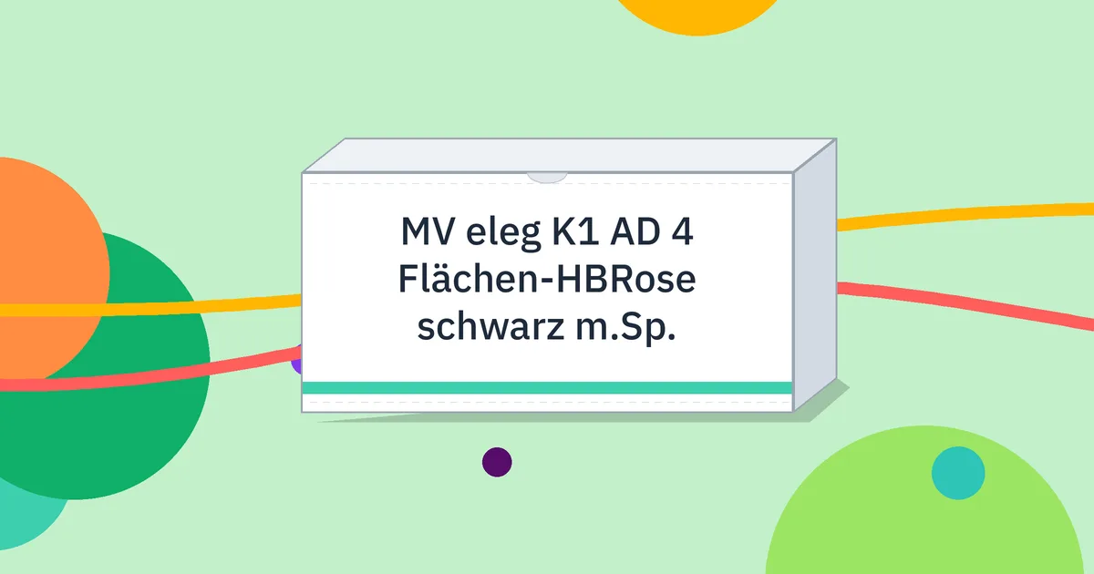 Symbolbild: Packung mit der Aufschrift MV eleg K1 AD 4 Flächen-HBRose schwarz m.Sp. (PZN 15667454) – Verfügbarkeit und Bezug in Apotheken in Frankfurt am Main