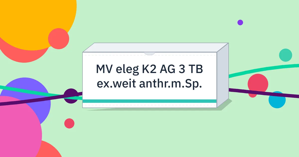 Symbolbild: Packung mit der Aufschrift MV eleg K2 AG 3 TB ex.weit anthr.m.Sp. (PZN 09877294) – Verfügbarkeit und Bezug in Apotheken in Frankfurt am Main
