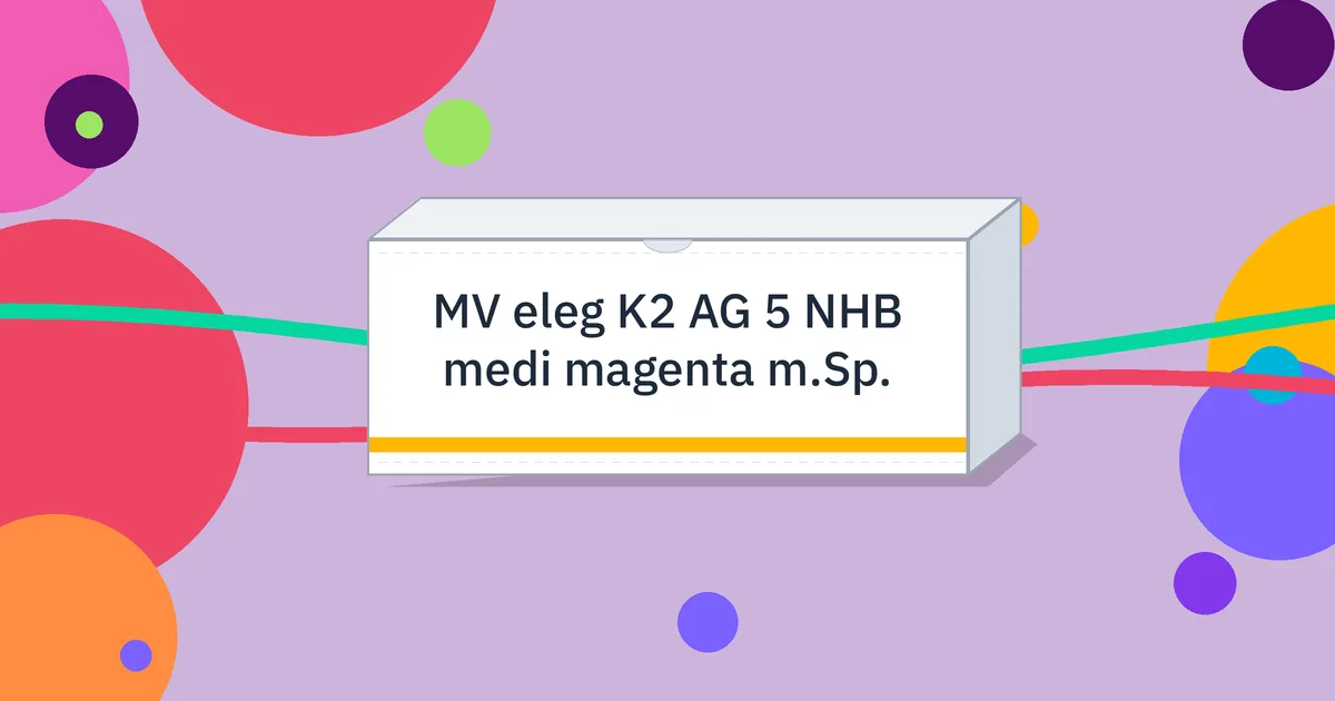 Symbolbild: Packung mit der Aufschrift MV eleg K2 AG 5 NHB medi magenta m.Sp. (PZN 15730448) – Verfügbarkeit und Bezug in Apotheken in Frankfurt am Main