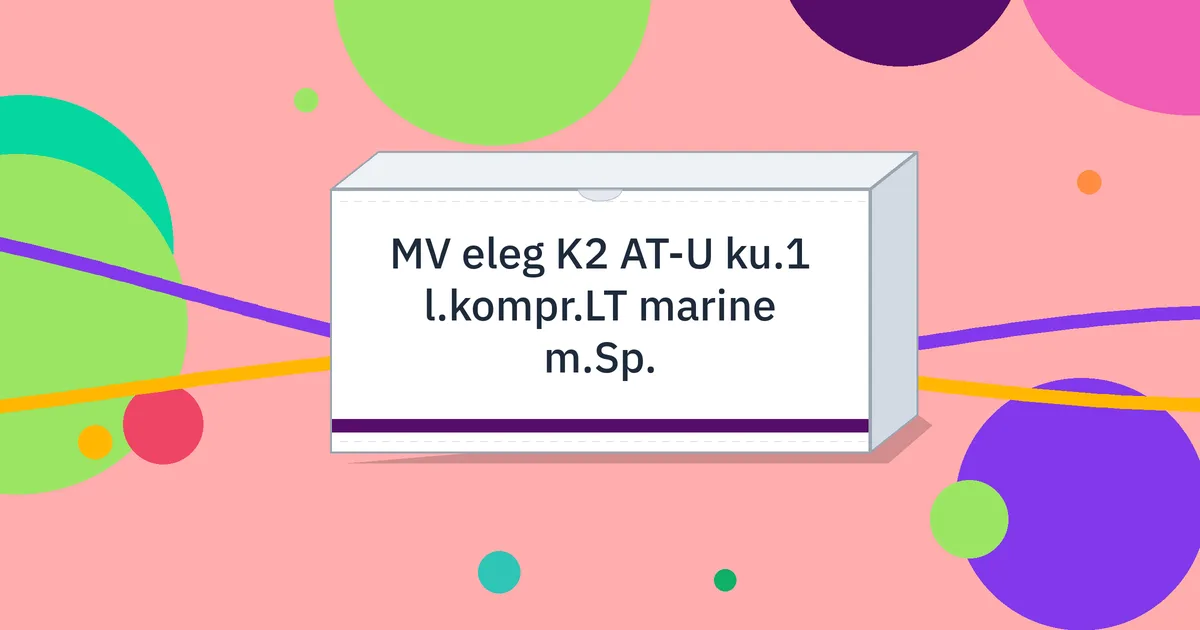 Symbolbild: Packung mit der Aufschrift MV eleg K2 AT-U ku.1 l.kompr.LT marine m.Sp. (PZN 14597154) – Verfügbarkeit und Bezug in Apotheken in Frankfurt am Main