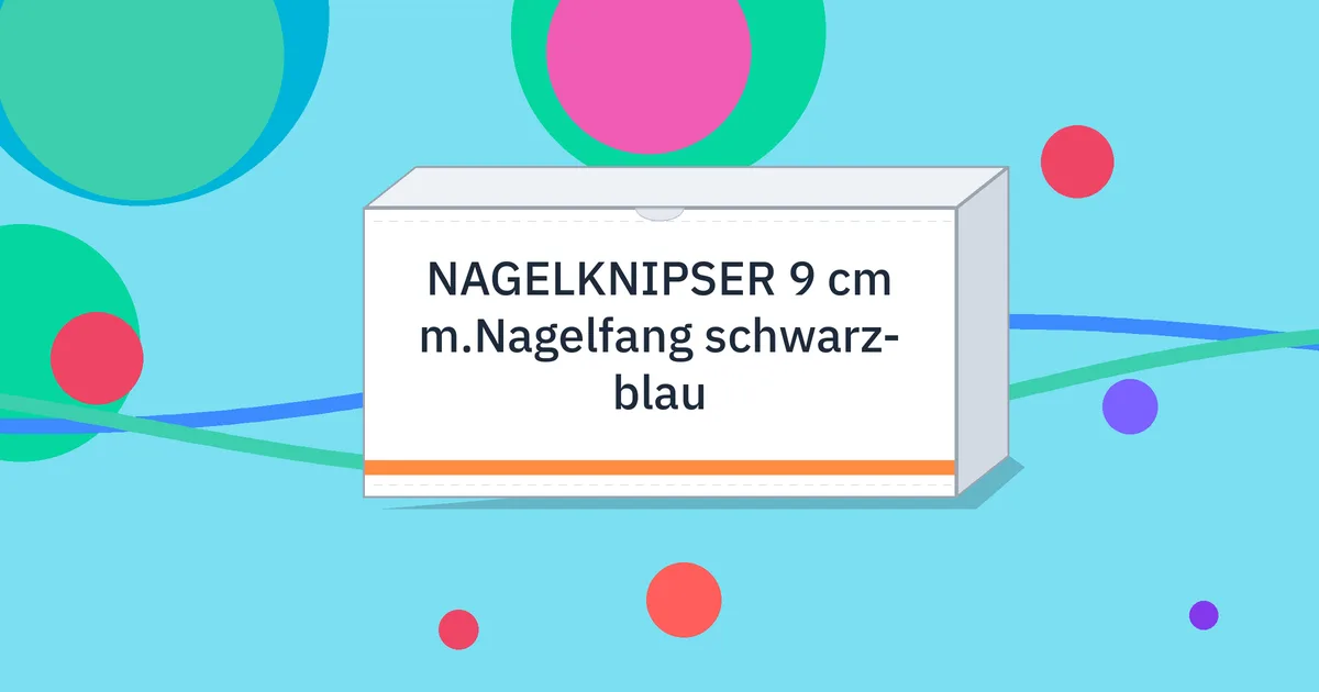 Symbolbild: Packung mit der Aufschrift NAGELKNIPSER 9 cm m.Nagelfang schwarz-blau (PZN 18779969) – Verfügbarkeit und Bezug in Apotheken in Frankfurt am Main