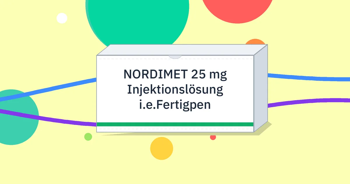 Symbolbild: Packung mit der Aufschrift NORDIMET 25 mg Injektionslösung i.e.Fertigpen (PZN 15264644) – Verfügbarkeit und Bezug in Apotheken in Frankfurt am Main