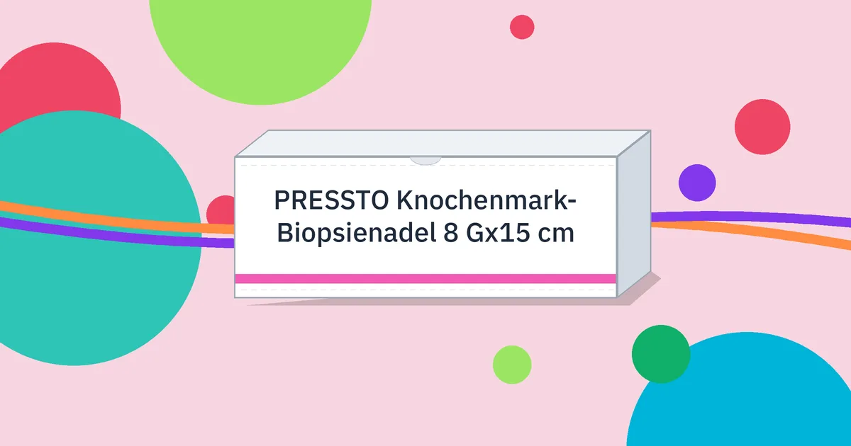 Symbolbild: Packung mit der Aufschrift PRESSTO Knochenmark-Biopsienadel 8 Gx15 cm (PZN 14384122) – Verfügbarkeit und Bezug in Apotheken in Frankfurt am Main