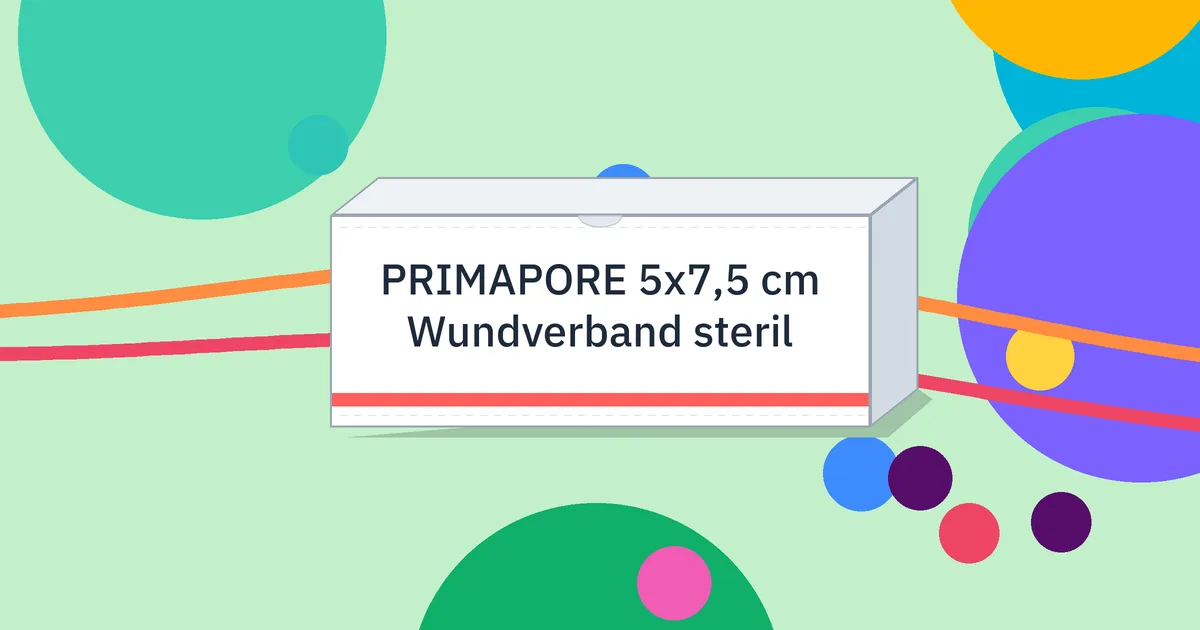 Symbolbild: Packung mit der Aufschrift PRIMAPORE 5x7,5 cm Wundverband steril (PZN 05558037) – Verfügbarkeit und Bezug in Apotheken in Frankfurt am Main