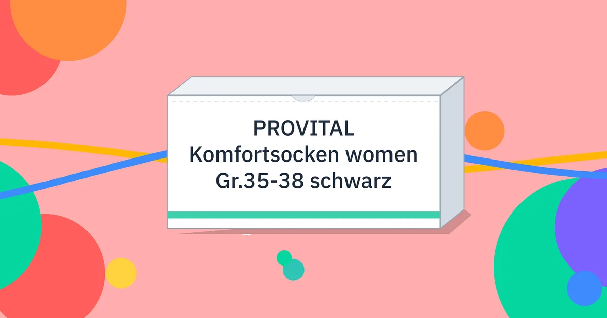 Symbolbild: Packung mit der Aufschrift PROVITAL Komfortsocken women Gr.35-38 schwarz (PZN 11080918) – Verfügbarkeit und Bezug in Apotheken in Frankfurt am Main