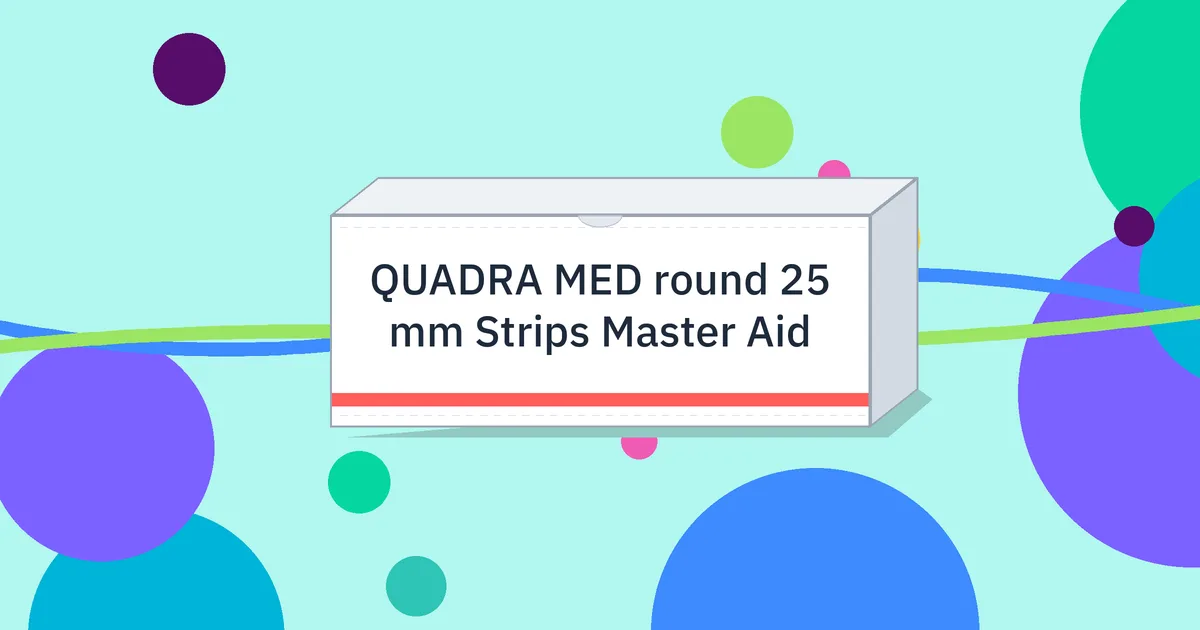 Symbolbild: Packung mit der Aufschrift QUADRA MED round 25 mm Strips Master Aid (PZN 02506608) – Verfügbarkeit und Bezug in Apotheken in Frankfurt am Main