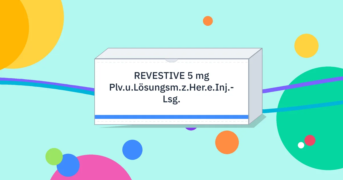 Symbolbild: Packung mit der Aufschrift REVESTIVE 5 mg Plv.u.Lösungsm.z.Her.e.Inj.-Lsg. (PZN 12580020) – Verfügbarkeit und Bezug in Apotheken in Frankfurt am Main