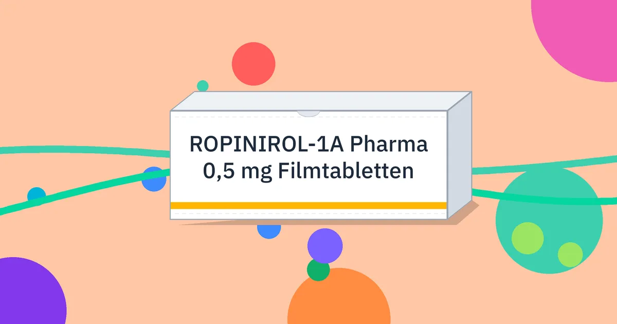 Symbolbild: Packung mit der Aufschrift ROPINIROL-1A Pharma 0,5 mg Filmtabletten (PZN 05460249) – Verfügbarkeit und Bezug in Apotheken in Frankfurt am Main