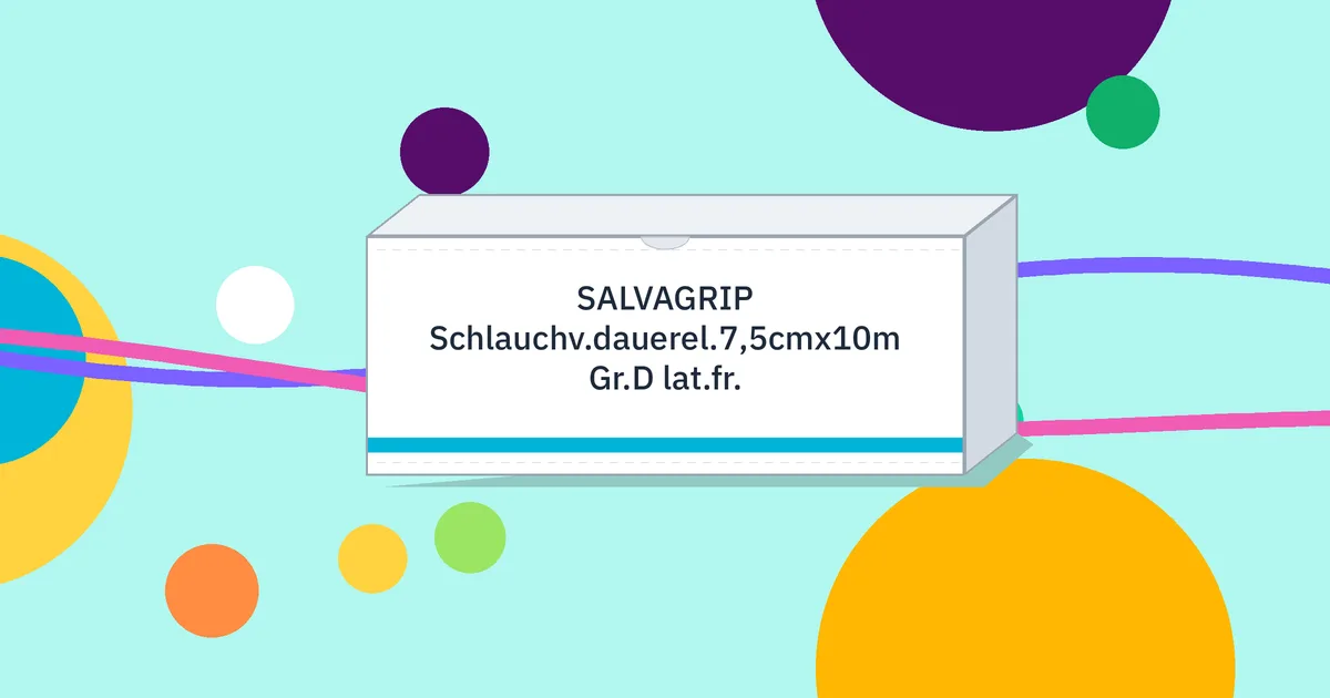 Symbolbild: Packung mit der Aufschrift SALVAGRIP Schlauchv.dauerel.7,5cmx10m Gr.D lat.fr. (PZN 16744458) – Verfügbarkeit und Bezug in Apotheken in Frankfurt am Main