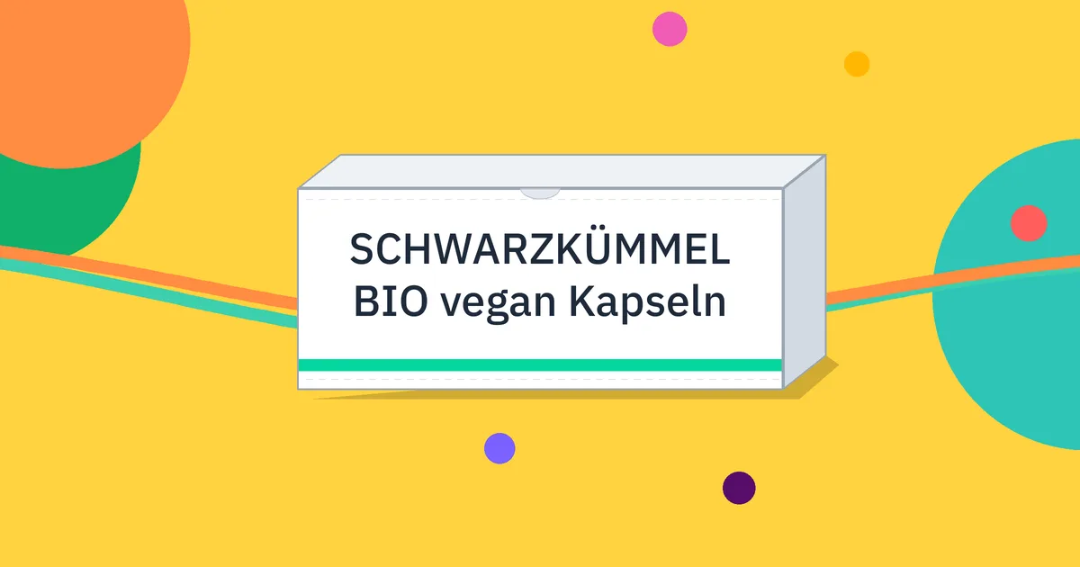 Symbolbild: Packung mit der Aufschrift SCHWARZKÜMMEL BIO vegan Kapseln (PZN 11017512) – Verfügbarkeit und Bezug in Apotheken in Frankfurt am Main