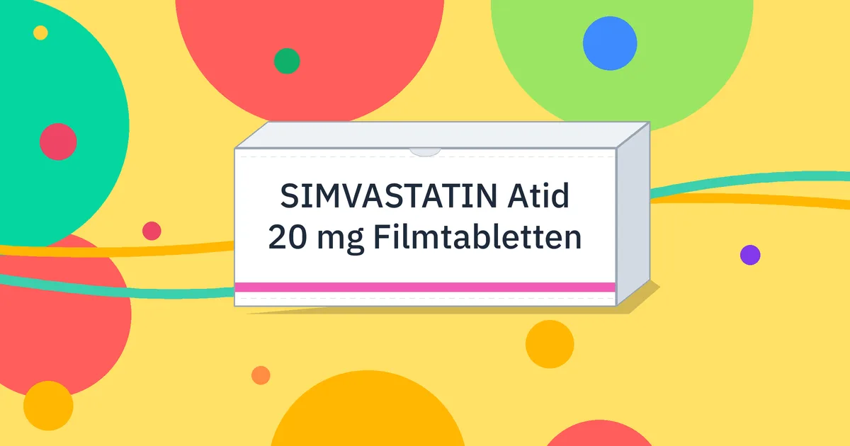 Symbolbild: Packung mit der Aufschrift SIMVASTATIN Atid 20 mg Filmtabletten (PZN 00322028) – Verfügbarkeit und Bezug in Apotheken in Frankfurt am Main