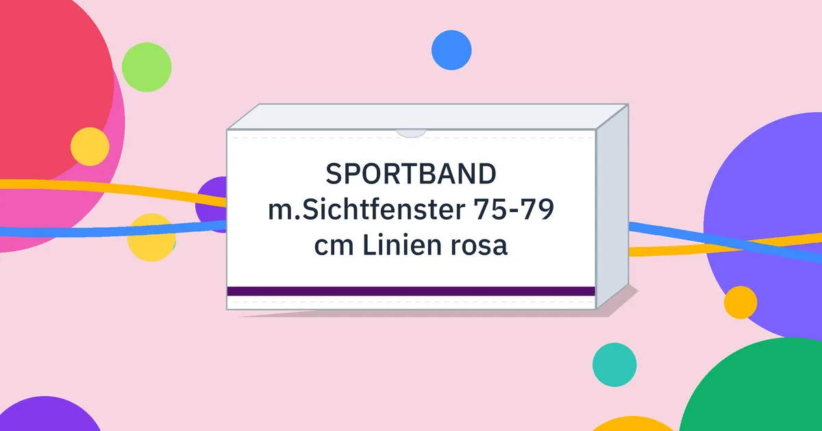 Symbolbild: Packung mit der Aufschrift SPORTBAND m.Sichtfenster 75-79 cm Linien rosa (PZN 17837469) – Verfügbarkeit und Bezug in Apotheken in Frankfurt am Main