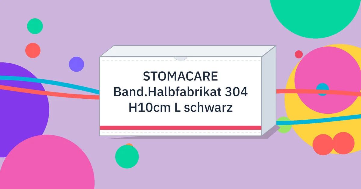 Symbolbild: Packung mit der Aufschrift STOMACARE Band.Halbfabrikat 304 H10cm L schwarz (PZN 10841249) – Verfügbarkeit und Bezug in Apotheken in Frankfurt am Main