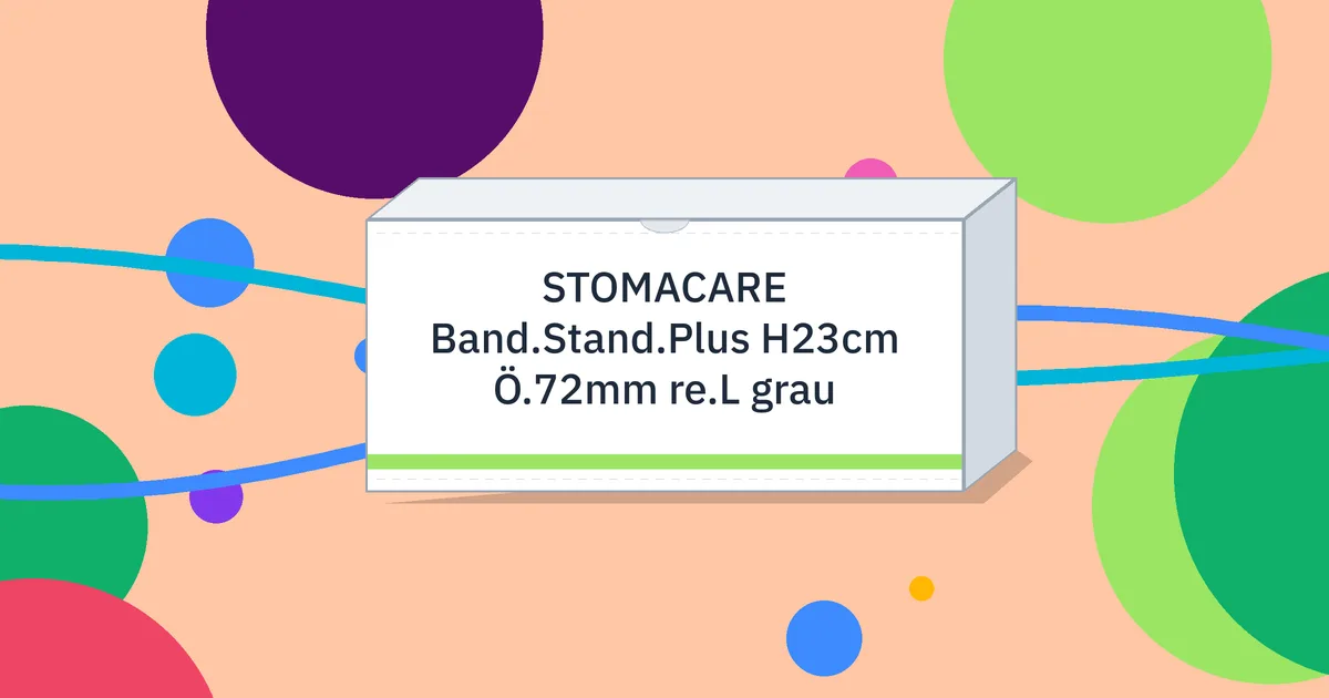 Symbolbild: Packung mit der Aufschrift STOMACARE Band.Stand.Plus H23cm Ö.72mm re.L grau (PZN 16751056) – Verfügbarkeit und Bezug in Apotheken in Frankfurt am Main