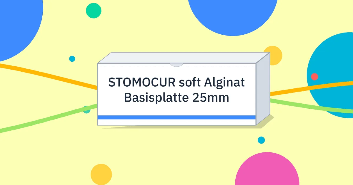 Symbolbild: Packung mit der Aufschrift STOMOCUR soft Alginat Basisplatte 25mm (PZN 08413782) – Verfügbarkeit und Bezug in Apotheken in Frankfurt am Main
