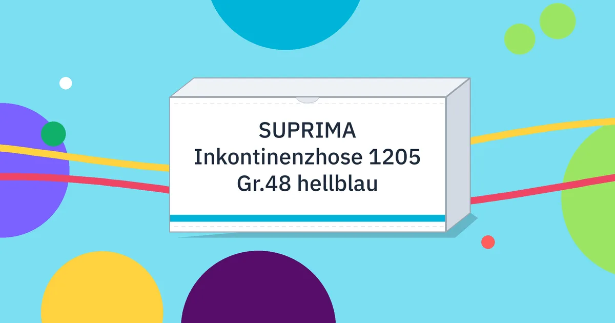 Symbolbild: Packung mit der Aufschrift SUPRIMA Inkontinenzhose 1205 Gr.48 hellblau (PZN 03020606) – Verfügbarkeit und Bezug in Apotheken in Frankfurt am Main