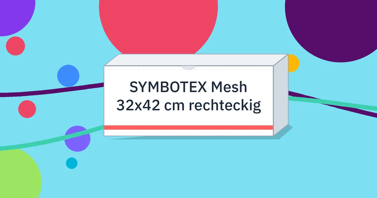 Symbolbild: Packung mit der Aufschrift SYMBOTEX Mesh 32x42 cm rechteckig (PZN 10631351) – Verfügbarkeit und Bezug in Apotheken in Frankfurt am Main