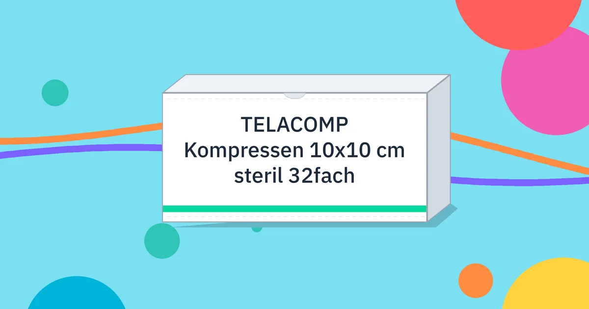Symbolbild: Packung mit der Aufschrift TELACOMP Kompressen 10x10 cm steril 32fach (PZN 06893826) – Verfügbarkeit und Bezug in Apotheken in Frankfurt am Main