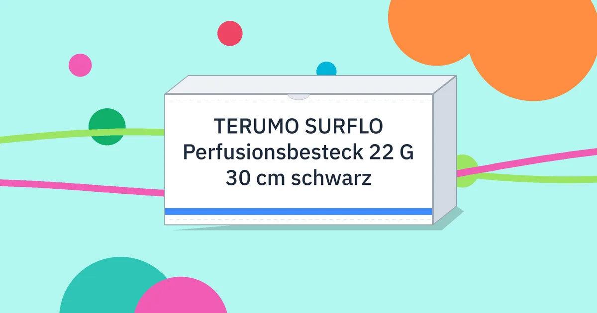 Symbolbild: Packung mit der Aufschrift TERUMO SURFLO Perfusionsbesteck 22 G 30 cm schwarz (PZN 09898008) – Verfügbarkeit und Bezug in Apotheken in Frankfurt am Main