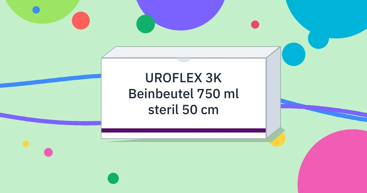 Symbolbild: Packung mit der Aufschrift UROFLEX 3K Beinbeutel 750 ml steril 50 cm (PZN 14168619) – Verfügbarkeit und Bezug in Apotheken in Frankfurt am Main