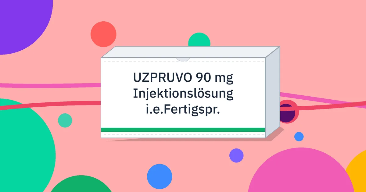 Symbolbild: Packung mit der Aufschrift UZPRUVO 90 mg Injektionslösung i.e.Fertigspr. (PZN 19761380) – Verfügbarkeit und Bezug in Apotheken in Frankfurt am Main