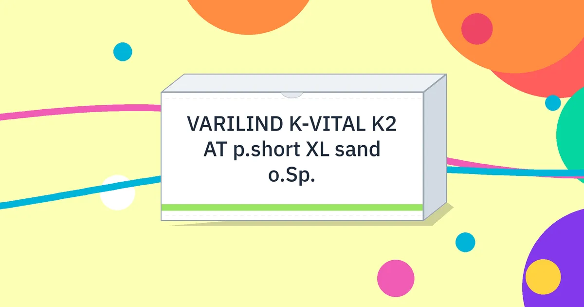 Symbolbild: Packung mit der Aufschrift VARILIND K-VITAL K2 AT p.short XL sand o.Sp. (PZN 20561427) – Verfügbarkeit und Bezug in Apotheken in Frankfurt am Main