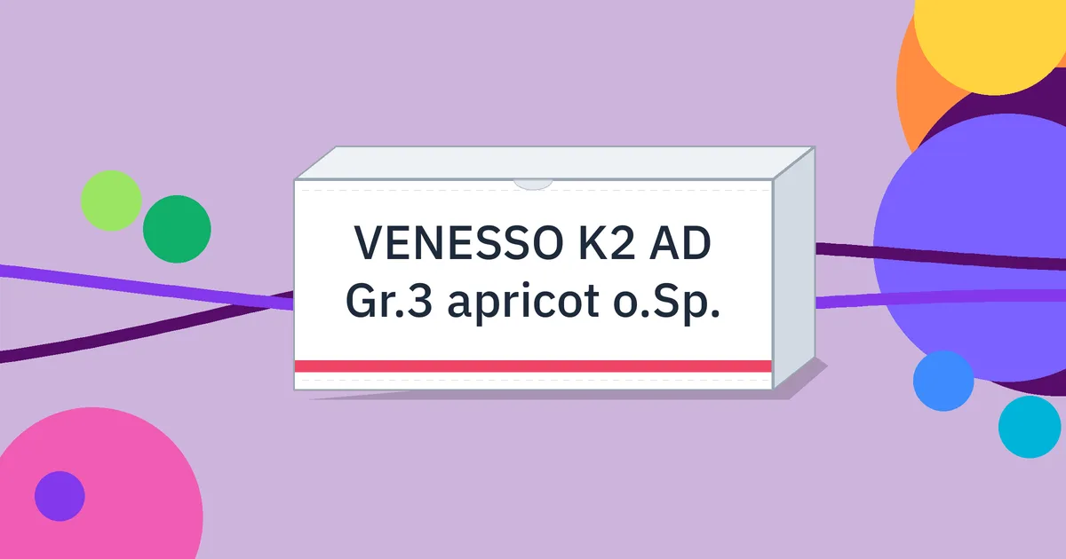 Symbolbild: Packung mit der Aufschrift VENESSO K2 AD Gr.3 apricot o.Sp. (PZN 03259655) – Verfügbarkeit und Bezug in Apotheken in Frankfurt am Main