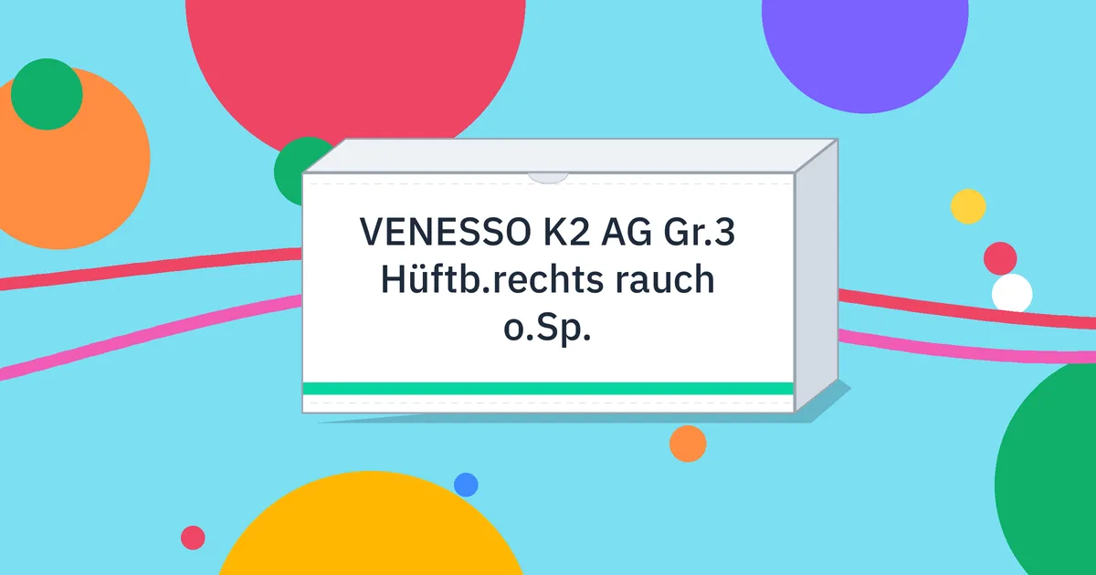 Symbolbild: Packung mit der Aufschrift VENESSO K2 AG Gr.3 Hüftb.rechts rauch o.Sp. (PZN 03271828) – Verfügbarkeit und Bezug in Apotheken in Frankfurt am Main