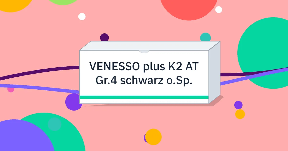 Symbolbild: Packung mit der Aufschrift VENESSO plus K2 AT Gr.4 schwarz o.Sp. (PZN 03288800) – Verfügbarkeit und Bezug in Apotheken in Frankfurt am Main