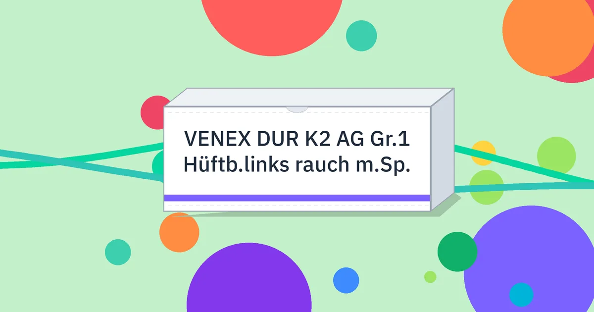 Symbolbild: Packung mit der Aufschrift VENEX DUR K2 AG Gr.1 Hüftb.links rauch m.Sp. (PZN 03225202) – Verfügbarkeit und Bezug in Apotheken in Frankfurt am Main