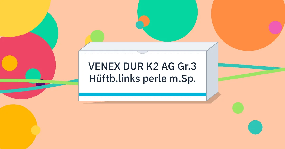 Symbolbild: Packung mit der Aufschrift VENEX DUR K2 AG Gr.3 Hüftb.links perle m.Sp. (PZN 03225745) – Verfügbarkeit und Bezug in Apotheken in Frankfurt am Main