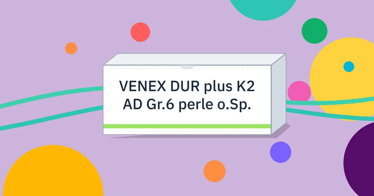 Symbolbild: Packung mit der Aufschrift VENEX DUR plus K2 AD Gr.6 perle o.Sp. (PZN 03234170) – Verfügbarkeit und Bezug in Apotheken in Frankfurt am Main