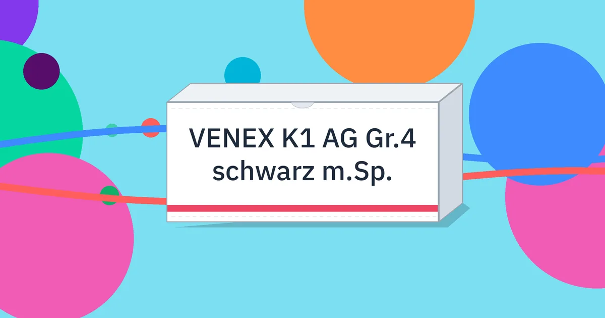 Symbolbild: Packung mit der Aufschrift VENEX K1 AG Gr.4 schwarz m.Sp. (PZN 03187921) – Verfügbarkeit und Bezug in Apotheken in Frankfurt am Main