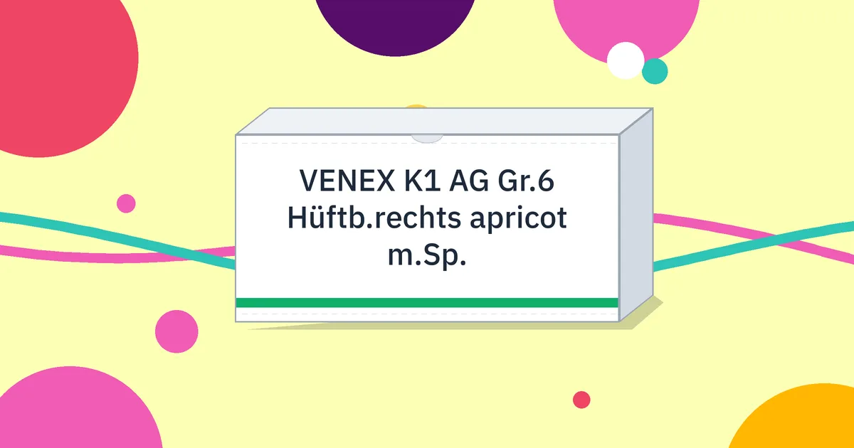 Symbolbild: Packung mit der Aufschrift VENEX K1 AG Gr.6 Hüftb.rechts apricot m.Sp. (PZN 03202690) – Verfügbarkeit und Bezug in Apotheken in Frankfurt am Main