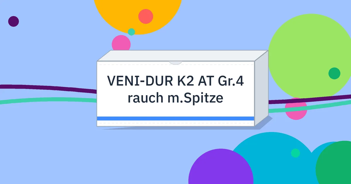 Symbolbild: Packung mit der Aufschrift VENI-DUR K2 AT Gr.4 rauch m.Spitze (PZN 08687806) – Verfügbarkeit und Bezug in Apotheken in Frankfurt am Main