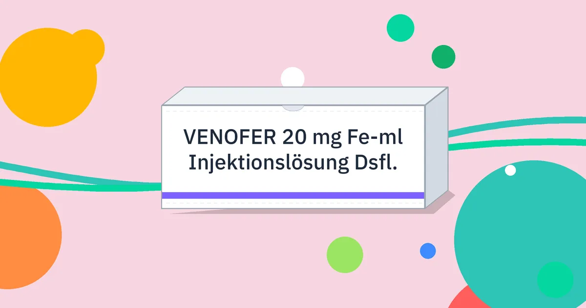 Symbolbild: Packung mit der Aufschrift VENOFER 20 mg Fe-ml Injektionslösung Dsfl. (PZN 16830778) – Verfügbarkeit und Bezug in Apotheken in Frankfurt am Main