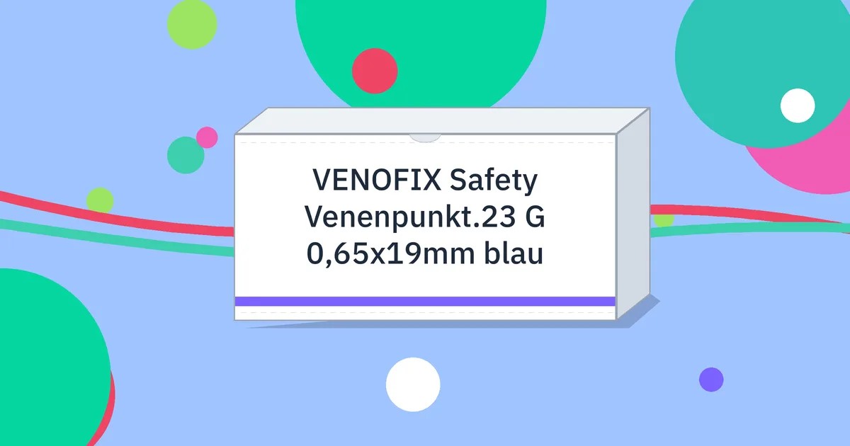 Symbolbild: Packung mit der Aufschrift VENOFIX Safety Venenpunkt.23 G 0,65x19mm blau (PZN 18604744) – Verfügbarkeit und Bezug in Apotheken in Frankfurt am Main