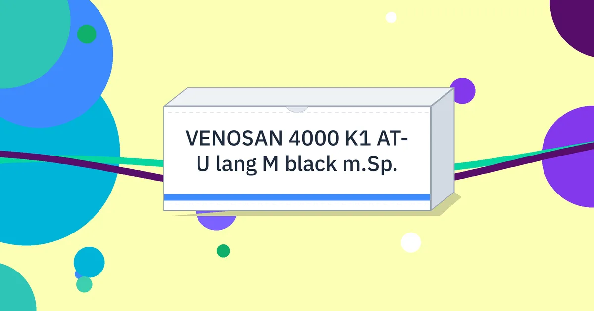 Symbolbild: Packung mit der Aufschrift VENOSAN 4000 K1 AT-U lang M black m.Sp. (PZN 14426760) – Verfügbarkeit und Bezug in Apotheken in Frankfurt am Main