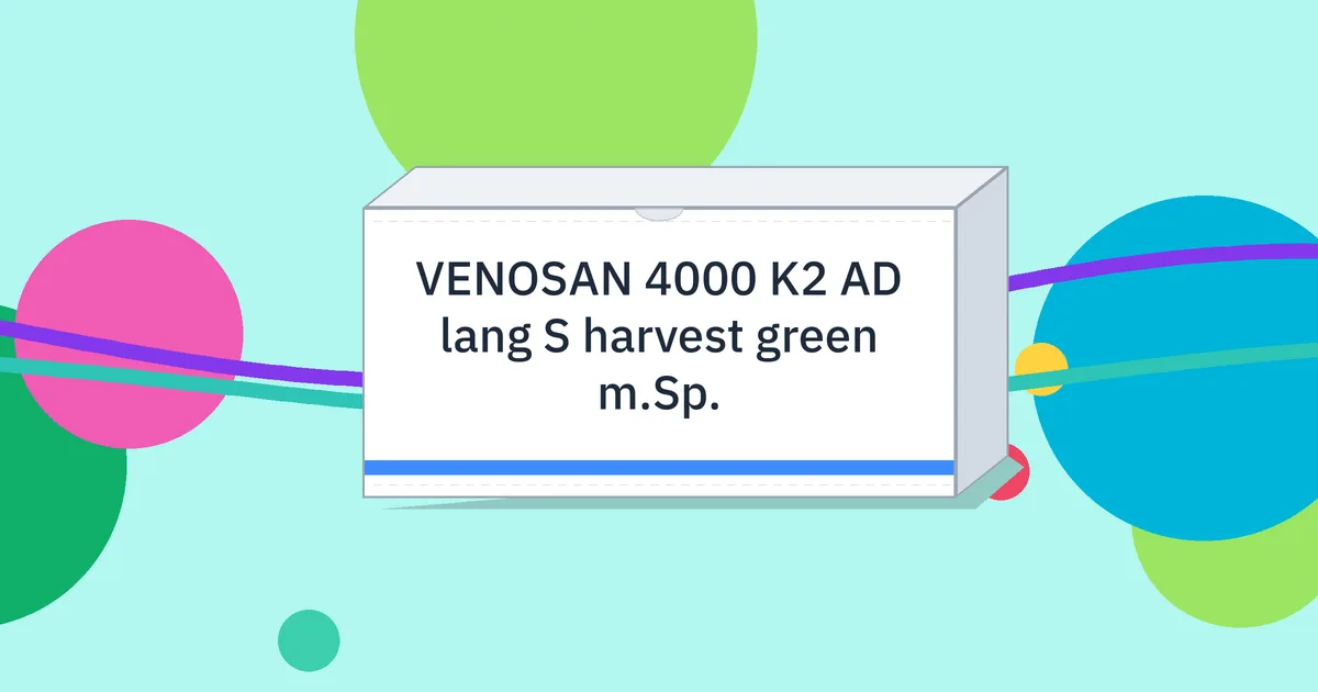 Symbolbild: Packung mit der Aufschrift VENOSAN 4000 K2 AD lang S harvest green m.Sp. (PZN 18847429) – Verfügbarkeit und Bezug in Apotheken in Frankfurt am Main