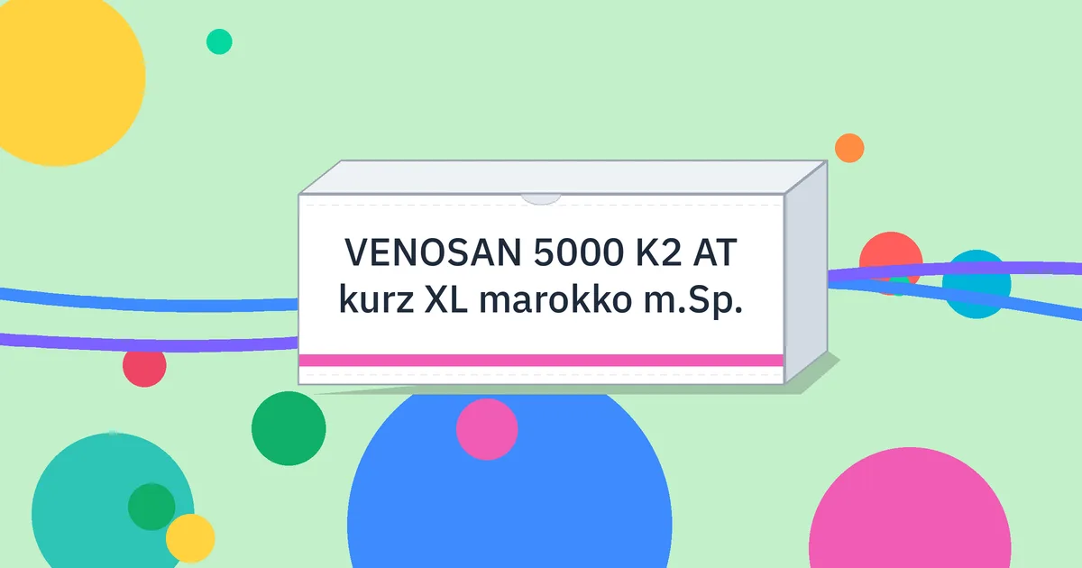 Symbolbild: Packung mit der Aufschrift VENOSAN 5000 K2 AT kurz XL marokko m.Sp. (PZN 14431991) – Verfügbarkeit und Bezug in Apotheken in Frankfurt am Main