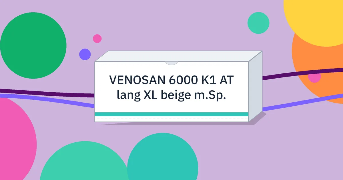 Symbolbild: Packung mit der Aufschrift VENOSAN 6000 K1 AT lang XL beige m.Sp. (PZN 17171941) – Verfügbarkeit und Bezug in Apotheken in Frankfurt am Main