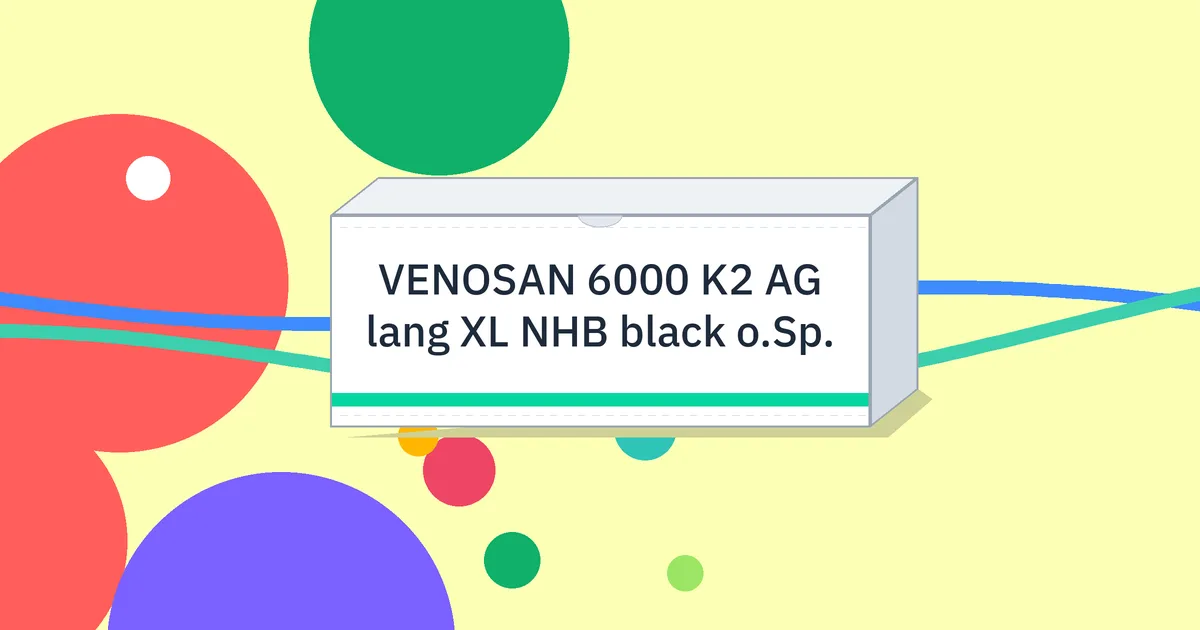 Symbolbild: Packung mit der Aufschrift VENOSAN 6000 K2 AG lang XL NHB black o.Sp. (PZN 17172900) – Verfügbarkeit und Bezug in Apotheken in Frankfurt am Main