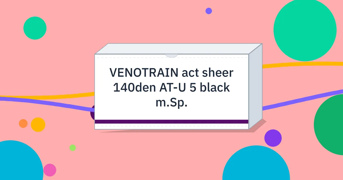 Symbolbild: Packung mit der Aufschrift VENOTRAIN act sheer 140den AT-U 5 black m.Sp. (PZN 16207565) – Verfügbarkeit und Bezug in Apotheken in Frankfurt am Main