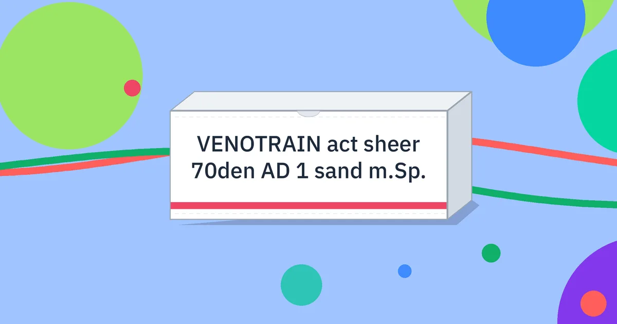 Symbolbild: Packung mit der Aufschrift VENOTRAIN act sheer 70den AD 1 sand m.Sp. (PZN 16208961) – Verfügbarkeit und Bezug in Apotheken in Frankfurt am Main