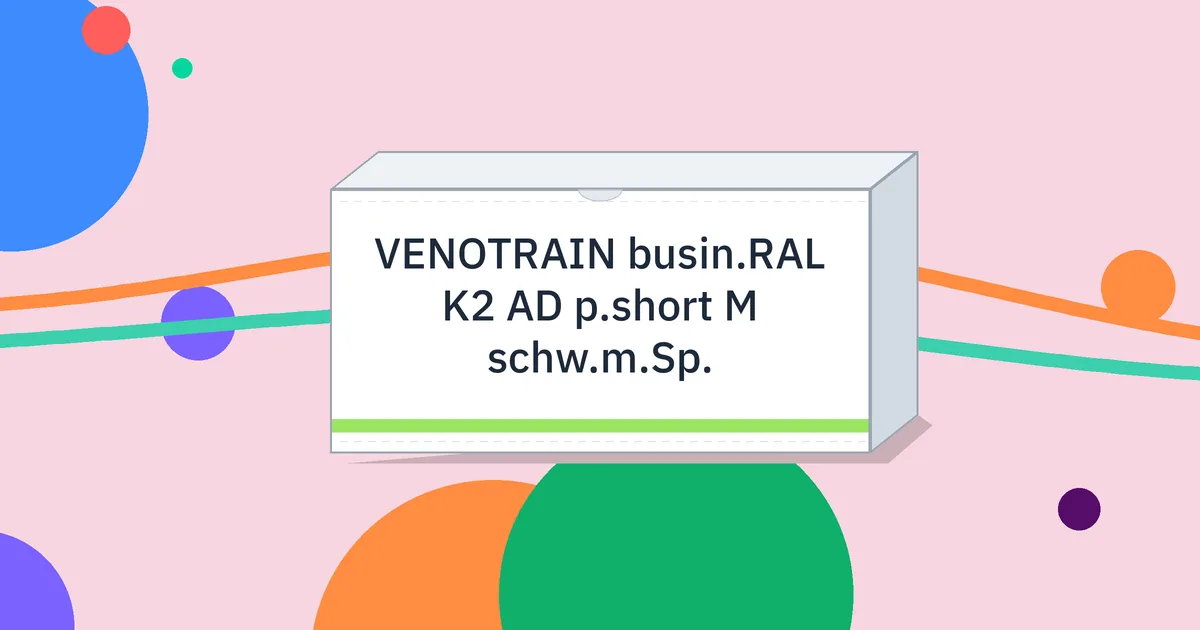 Symbolbild: Packung mit der Aufschrift VENOTRAIN busin.RAL K2 AD p.short M schw.m.Sp. (PZN 06949604) – Verfügbarkeit und Bezug in Apotheken in Frankfurt am Main
