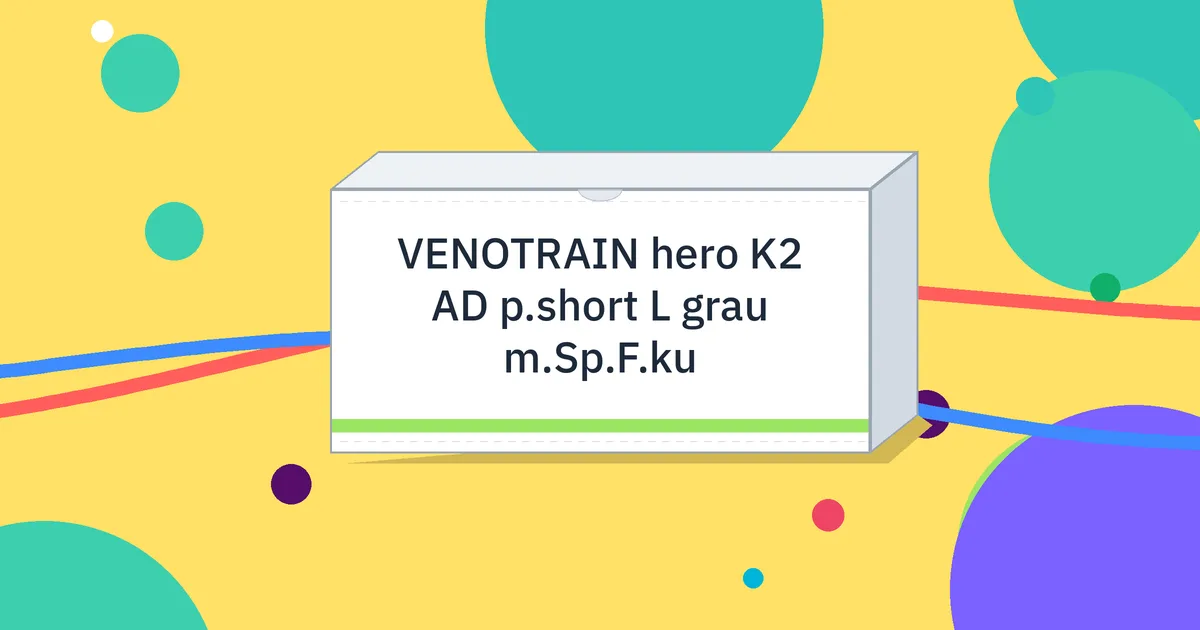 Symbolbild: Packung mit der Aufschrift VENOTRAIN hero K2 AD p.short L grau m.Sp.F.ku (PZN 19190316) – Verfügbarkeit und Bezug in Apotheken in Frankfurt am Main
