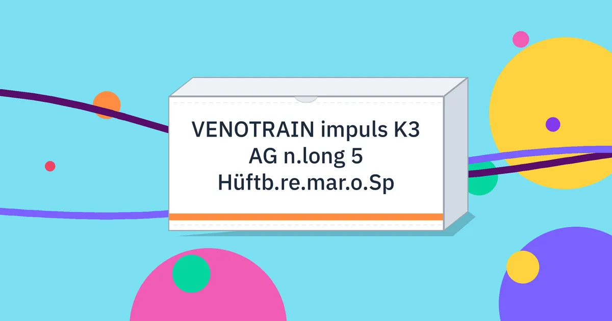 Symbolbild: Packung mit der Aufschrift VENOTRAIN impuls K3 AG n.long 5 Hüftb.re.mar.o.Sp (PZN 15217923) – Verfügbarkeit und Bezug in Apotheken in Frankfurt am Main