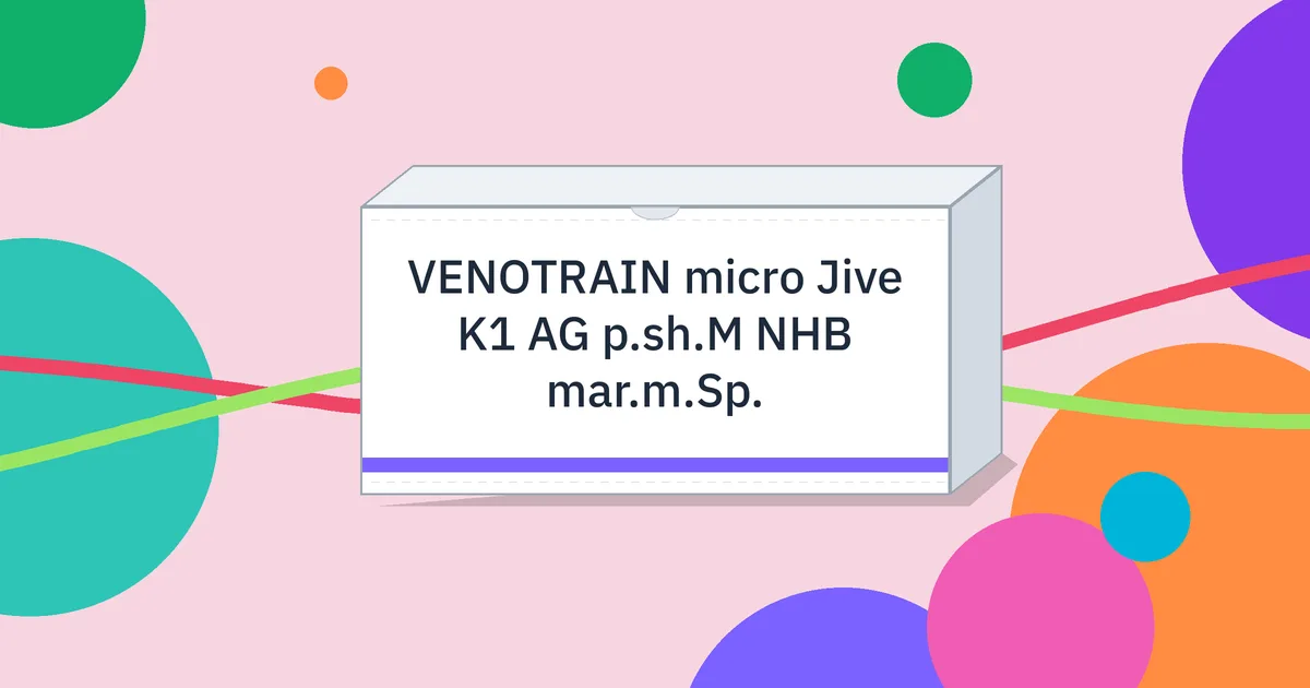 Symbolbild: Packung mit der Aufschrift VENOTRAIN micro Jive K1 AG p.sh.M NHB mar.m.Sp. (PZN 17767332) – Verfügbarkeit und Bezug in Apotheken in Frankfurt am Main