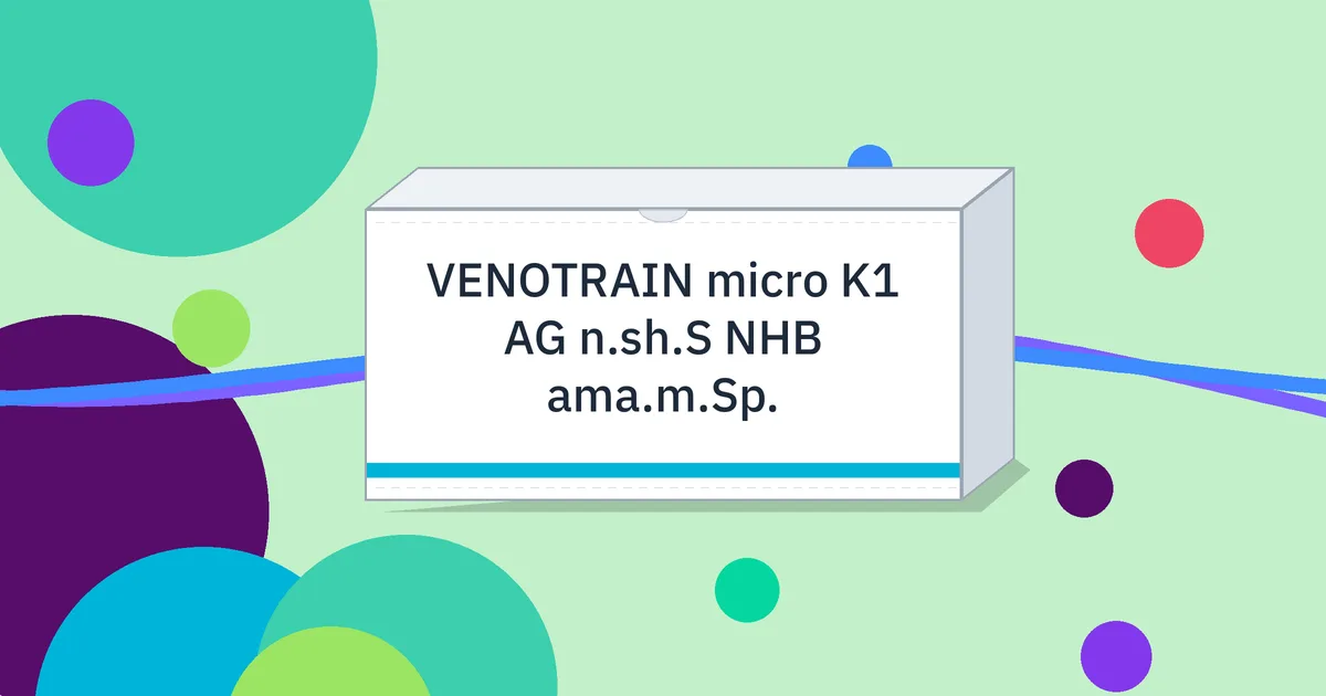 Symbolbild: Packung mit der Aufschrift VENOTRAIN micro K1 AG n.sh.S NHB ama.m.Sp. (PZN 02356741) – Verfügbarkeit und Bezug in Apotheken in Frankfurt am Main