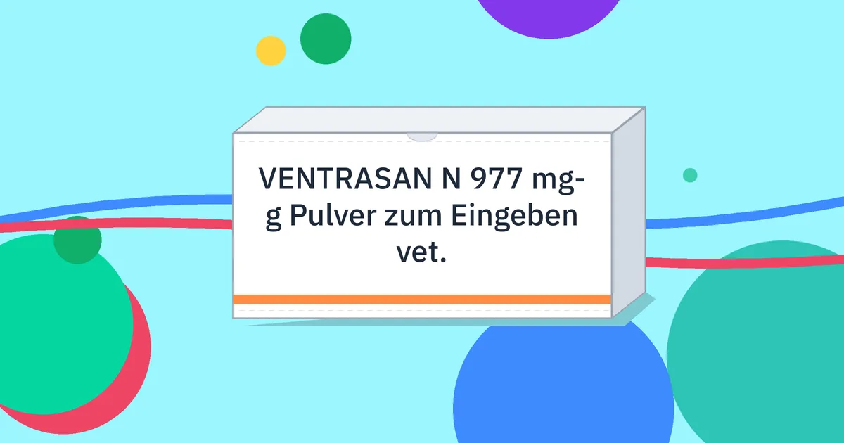 Symbolbild: Packung mit der Aufschrift VENTRASAN N 977 mg-g Pulver zum Eingeben vet. (PZN 08708164) – Verfügbarkeit und Bezug in Apotheken in Frankfurt am Main